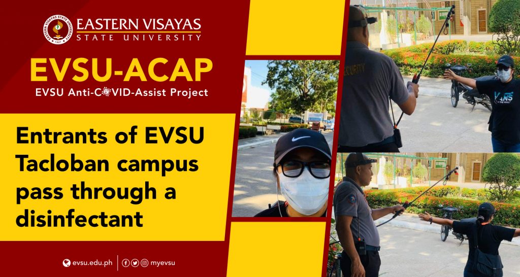 Entrants of EVSU Tacloban campus pass through a disinfectant spray ...