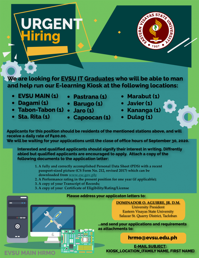 Urgent Hiring for KIOSK Personnel | Eastern Visayas State University