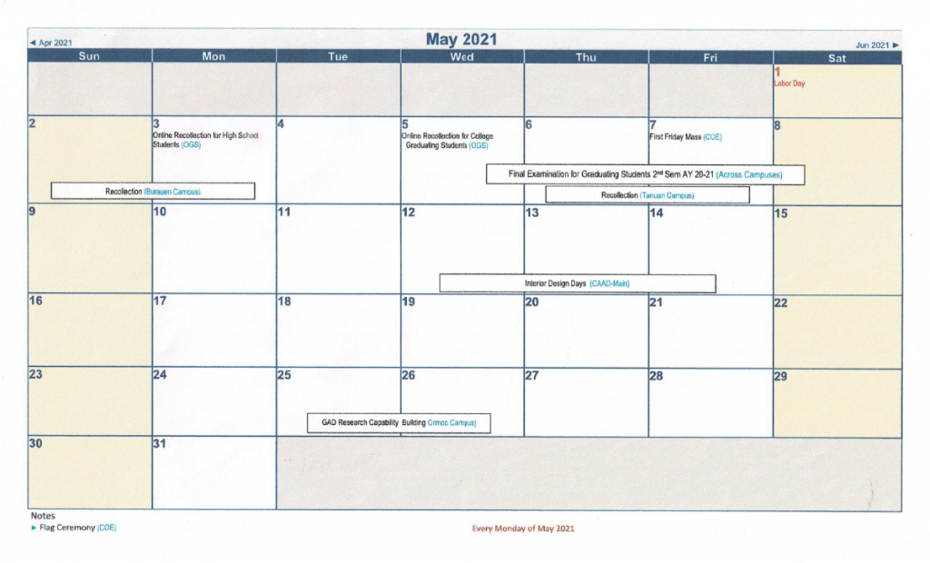 Calendar of Activities (A.Y. 2020-2021) | Eastern Visayas State University