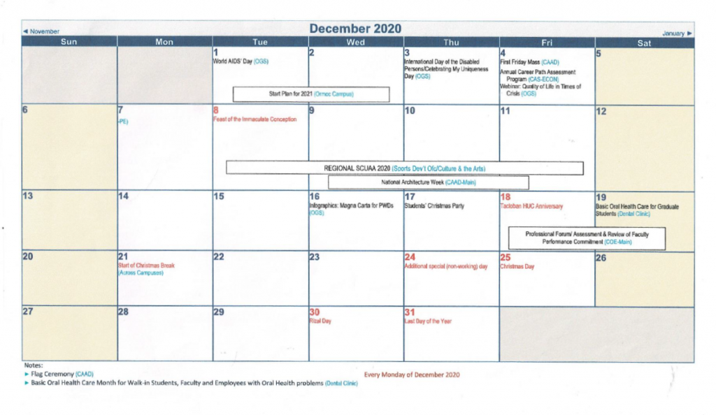 Calendar of Activities (A.Y. 2020-2021) | Eastern Visayas State University