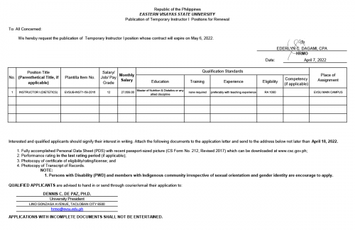 Temporary Instructor I Positions for Renewal | Eastern Visayas State ...
