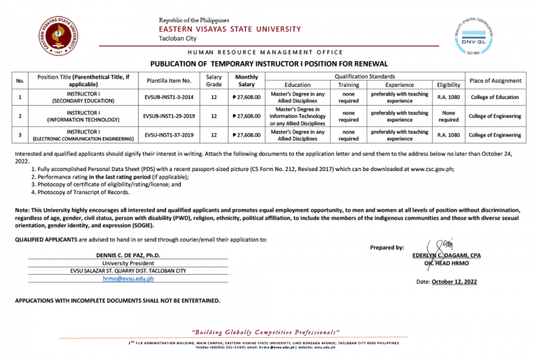 Temporary Instructor I Positions for Renewal | Eastern Visayas State ...